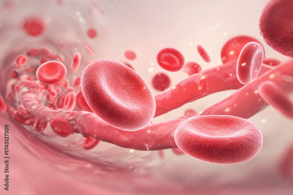 Ilustración de Stock Red blood cells flowing through a vessel in a ...