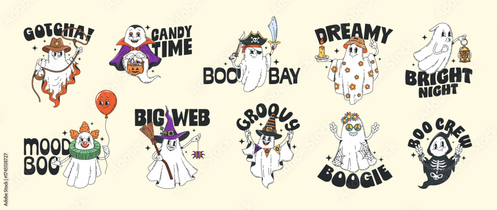 Cartoon Halloween ghost characters y2k hippie groovy stickers. Vector ...