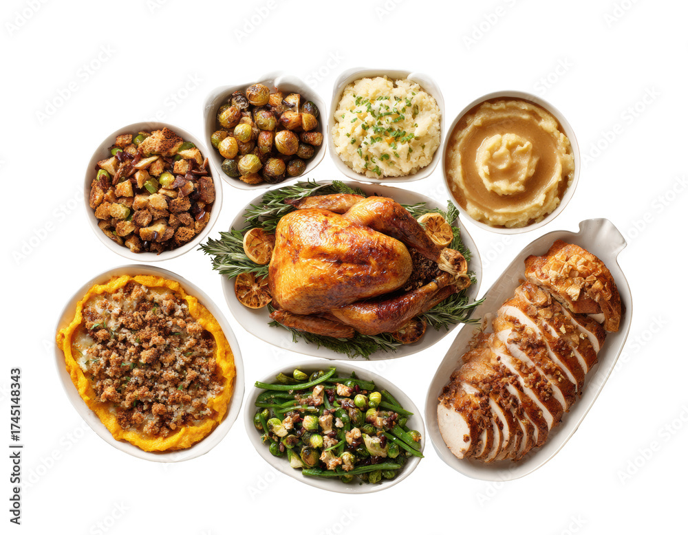 Thanksgiving feast featuring roasted turkey and traditional sides on a ...