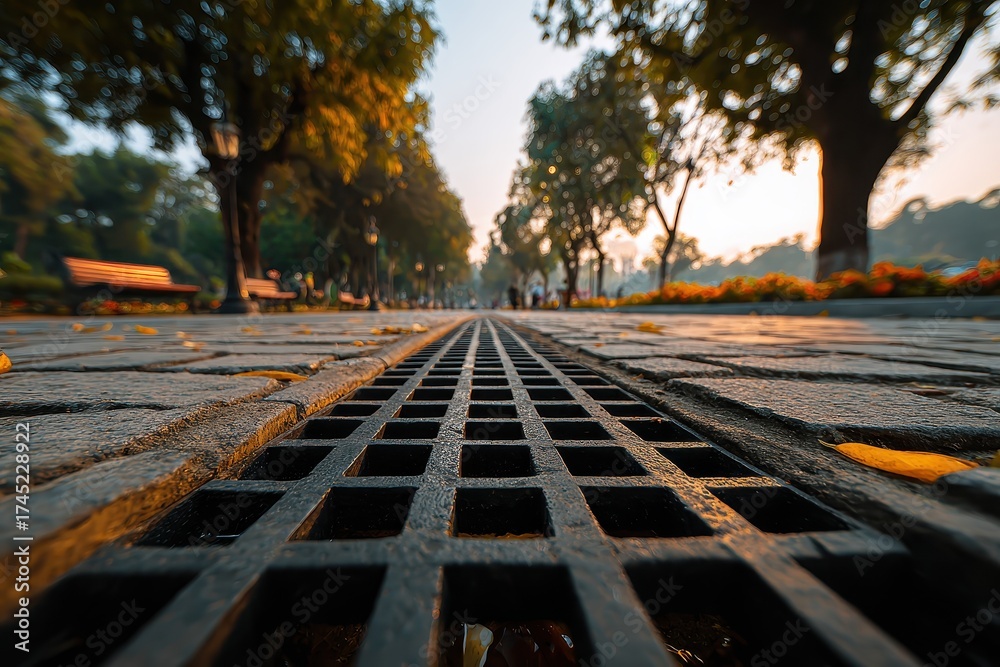Drain grate on cobble stone road with falling autumn leaves and sunny ...