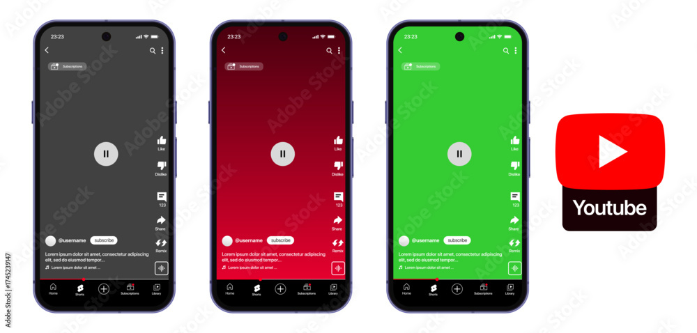 YouTube Shorts video interface UI mockup on smartphone. Social media ...
