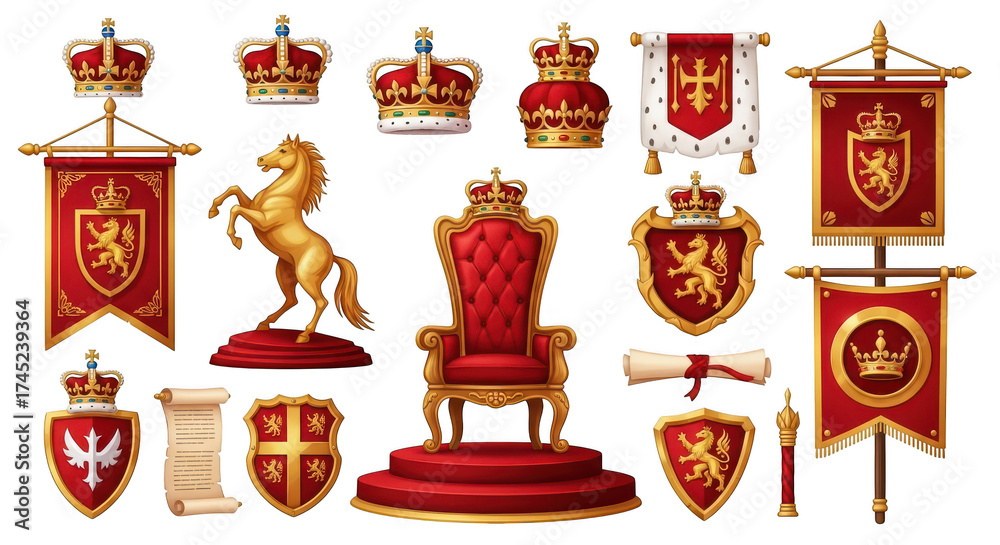 Royal regalia and symbols of power including crowns banners and throne ...