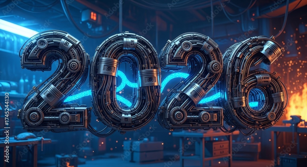 Mechanical Year 2026 With Gears And Wires - Futuristic mechanical year ...