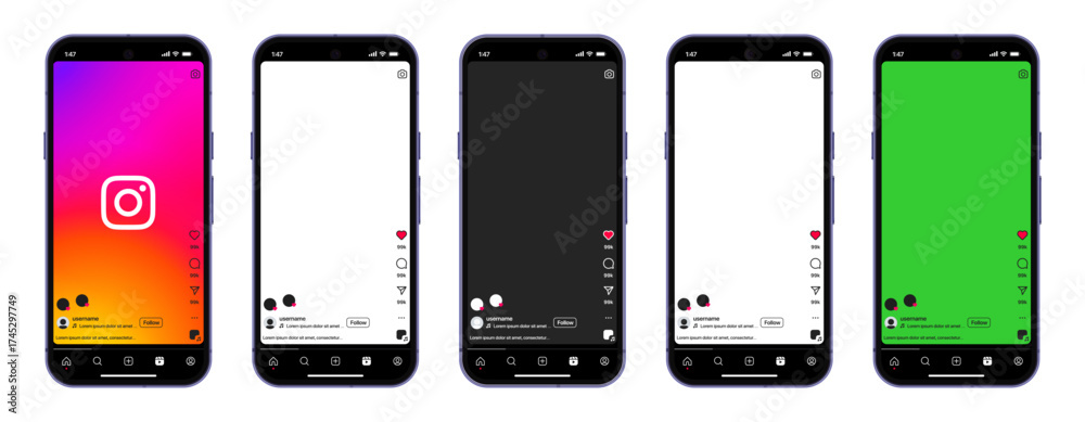 Instagram Reels interface UI mockup set on Android smartphone. Social ...