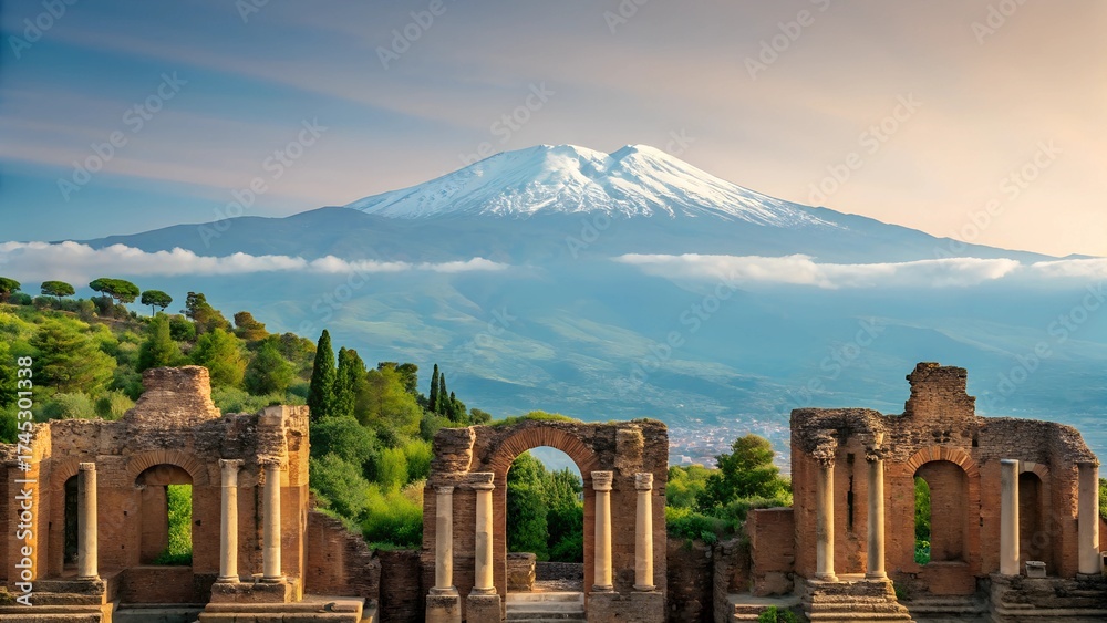 Photo Stock Ruins of ancient Greek theater in Taormina and Etna volcano ...