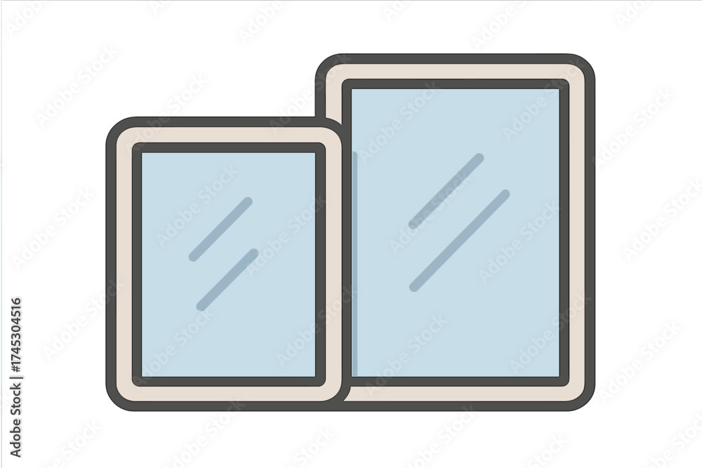 Two adjacent windows with rounded frames and reflective glass panels ...