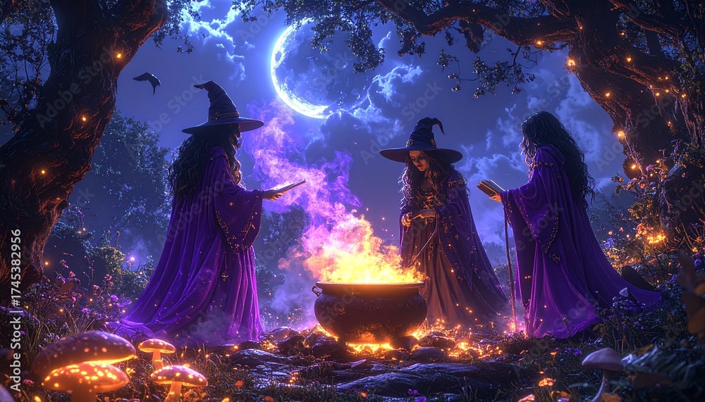 Stock-Illustration „Mystical Witches Casting Spells Around Cauldron ...