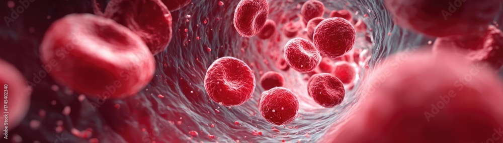 Blood clot blocking red blood cells stream concept. Close-up view of ...