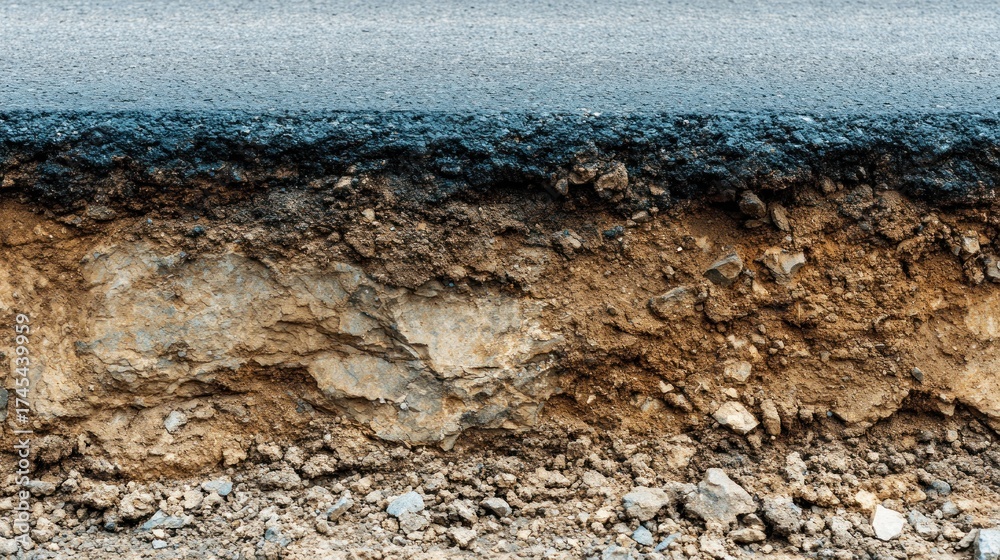Cross section of road pavement structure revealing layers of materials ...