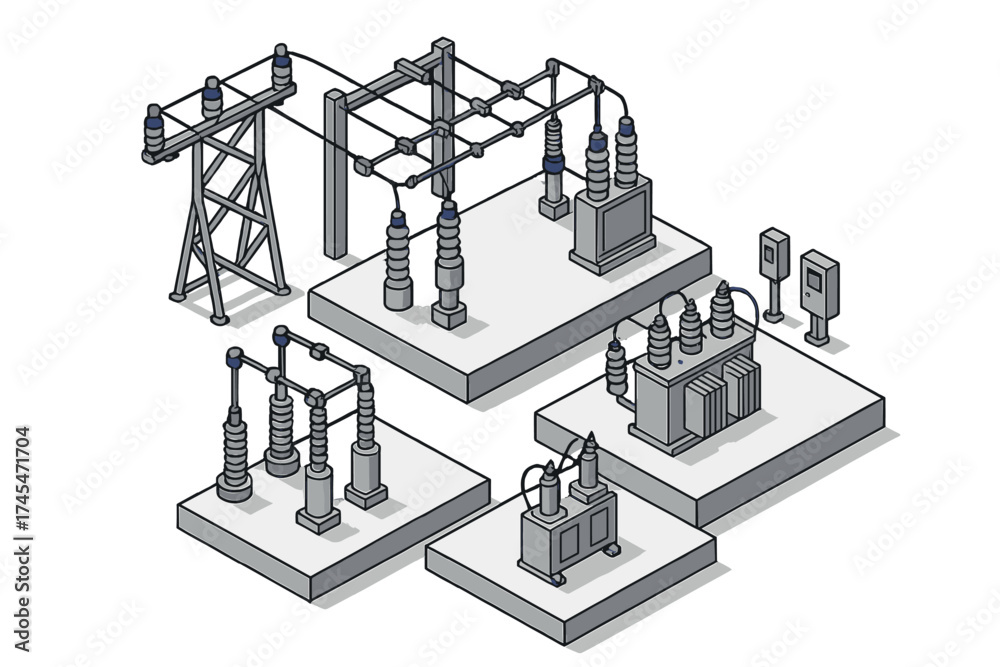 Isometric view of high voltage electrical power substation components ...