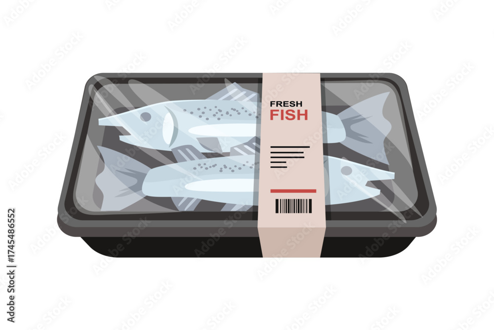 Stock-Vektorgrafik „Packaged Fresh Fish in a Tray with Label. Frozen ...