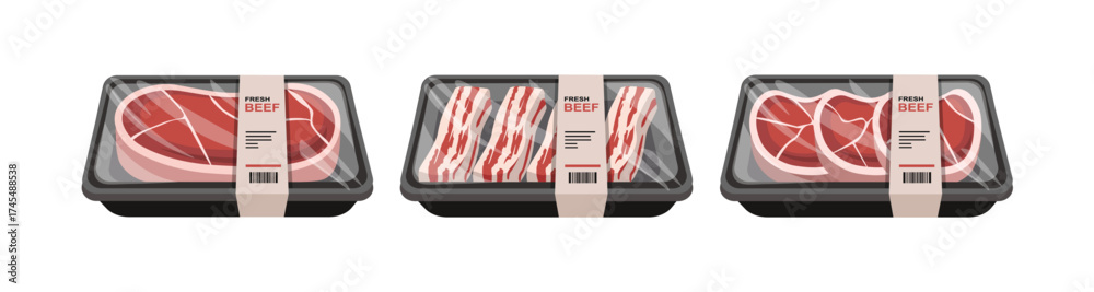 Packaged Fresh Beef Slices and Steaks. Beef Meat Tray Collection ...