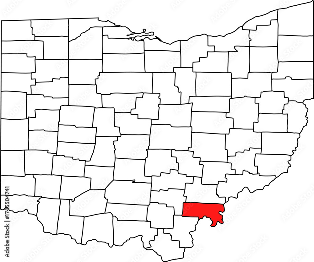 Detailed vector map of Ohio highlighting Meigs County, a rural ...