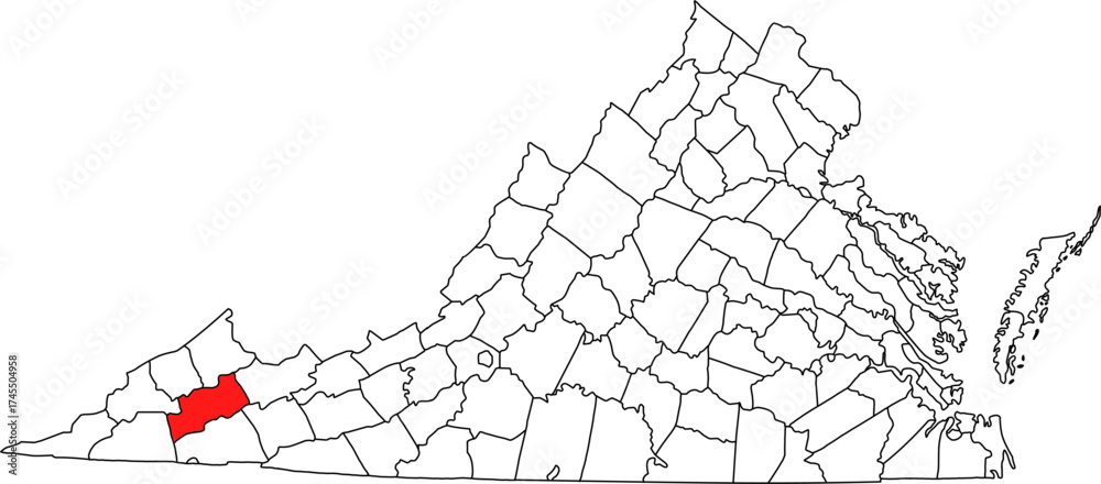 Detailed vector map of Virginia highlighting Russell County, a large ...