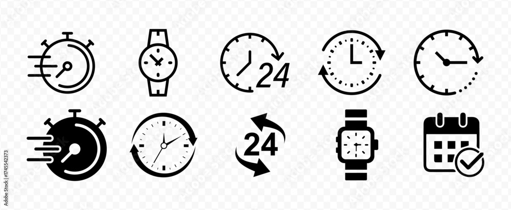 Timers and clock icon set. Time line symbol. Containing clock ...