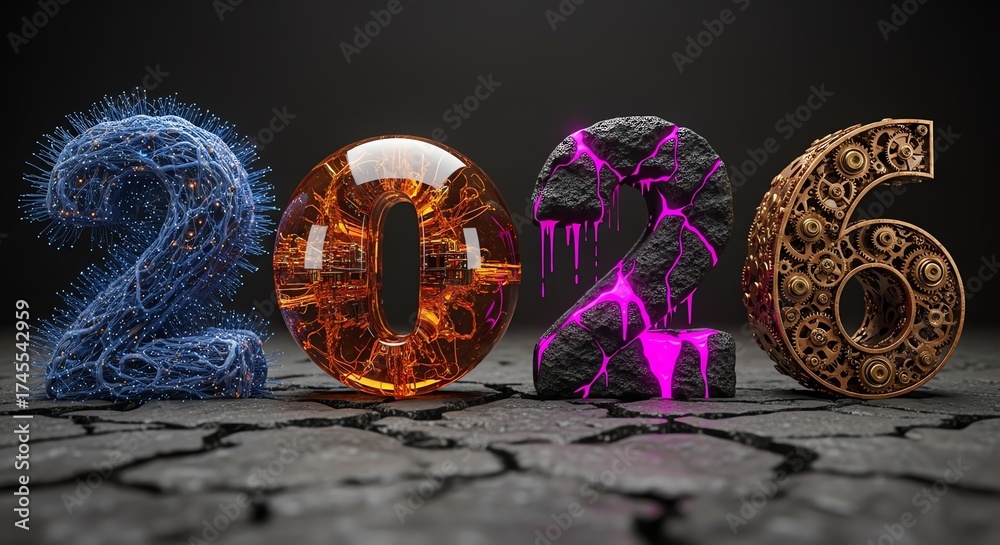 Illustration Stock Abstract 3d numbers 2026 with unique textures and ...