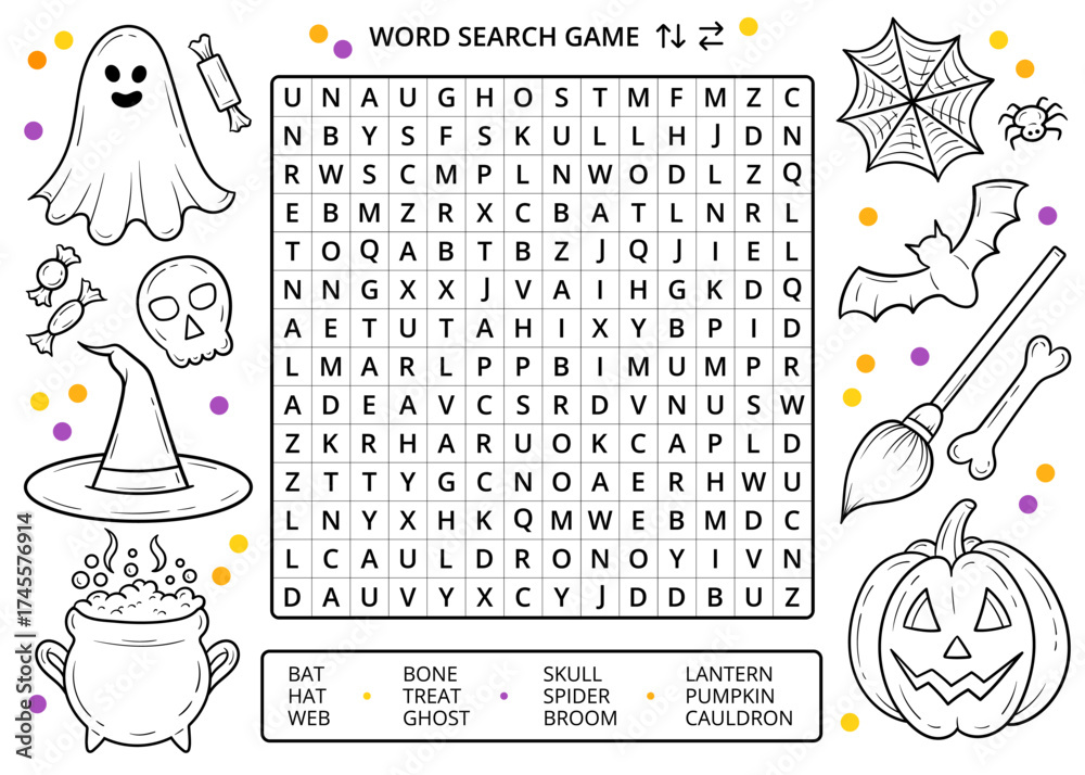 Halloween word search puzzle game with line drawings worksheet. Fun ...