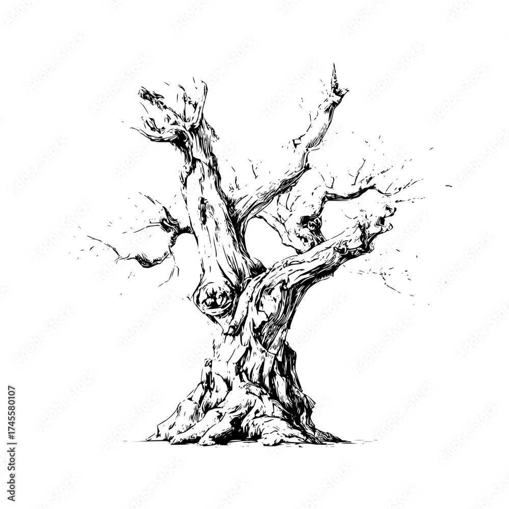 Old gnarled tree drawing black and white sketch illustration of ancient ...