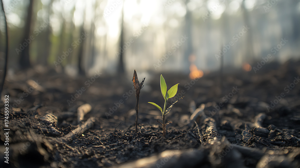 Foto de Stock Resilience in Nature: A seedling emerges from scorched ...