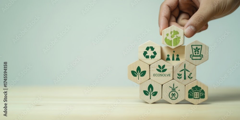 Eco-Friendly Puzzle: A hand places the final piece of an eco-themed ...