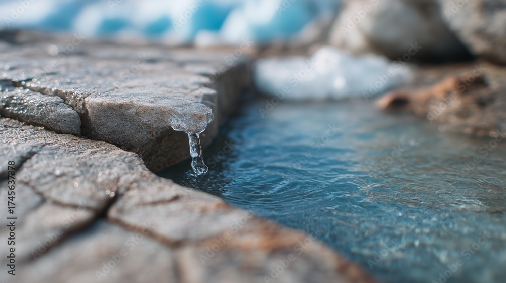 Close-up of melting glacier ice dripping into a clear pool of water ...
