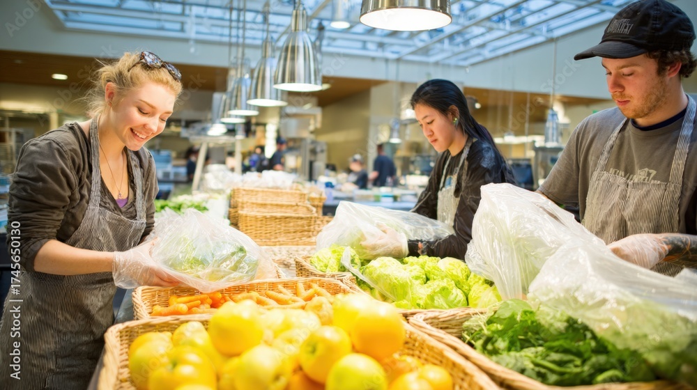 Dining hall employees unpacking fresh produce from local farms to ...