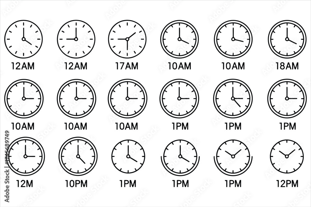 Vector art of collection of clock icons showing different times ...