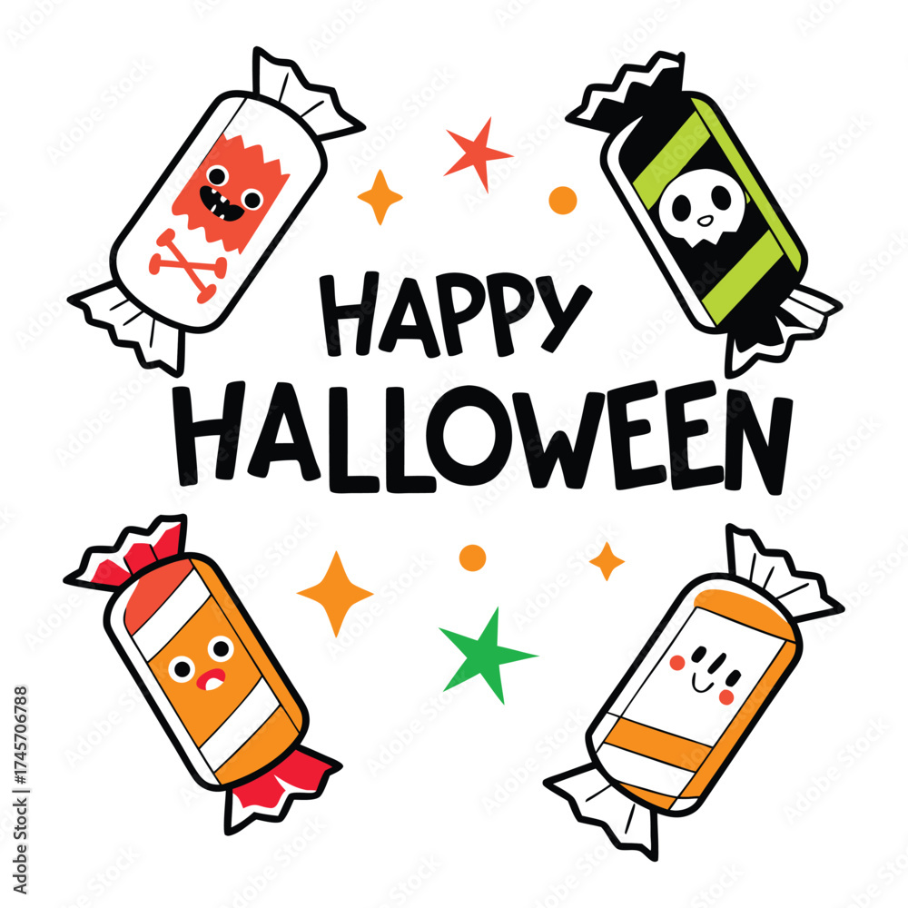 Four cartoon Halloween candies with faces and text Happy Halloween ...