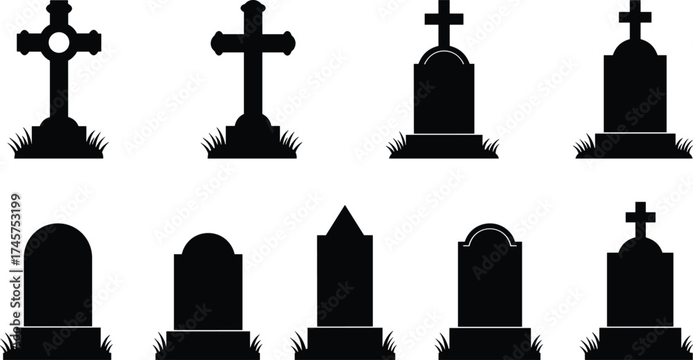 Gravestone silhouette set, tombstone icons, black vector illustration ...