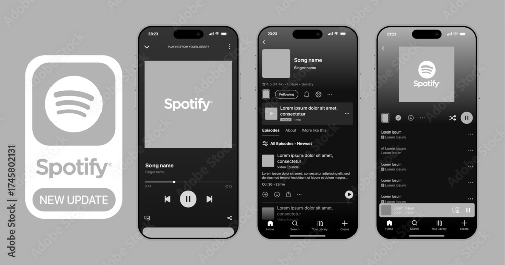 Spotify app interface mockup with playlist screen, album art, and ...