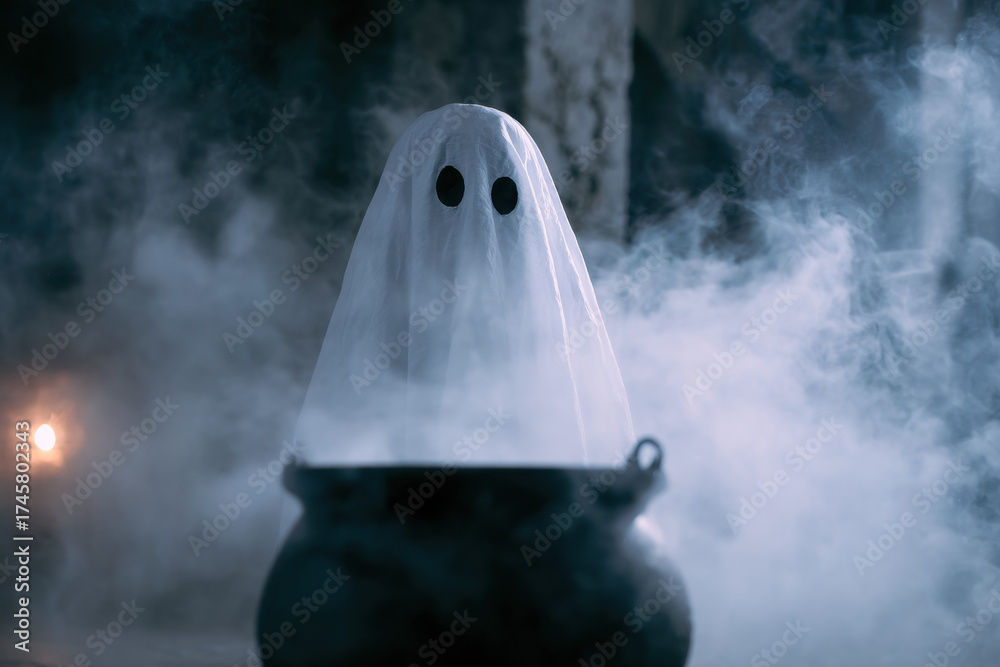Spooky ghost figure emerging from a cauldron with smoke Halloween ...