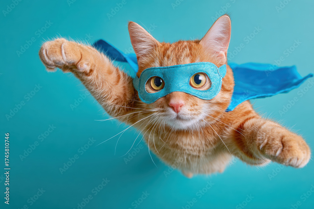 Orange cat dressed as a superhero, flying with a blue mask and cape ...
