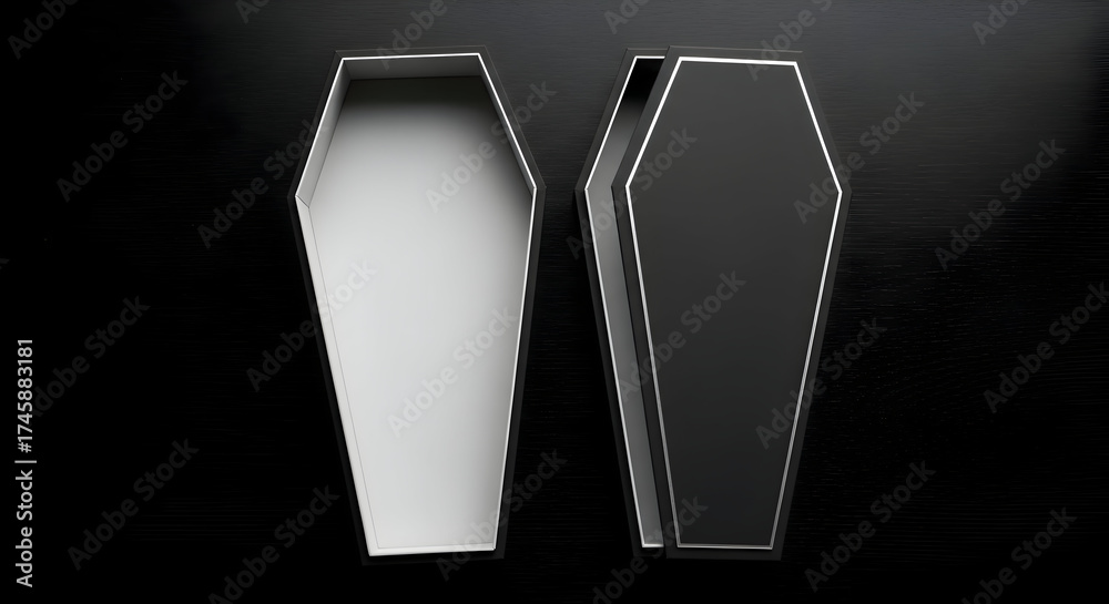 Open empty coffin isolated on black background funeral ceremony or ...
