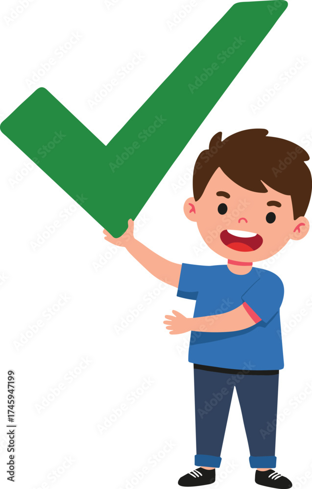 Image vectorielle Stock Cartoon child with check mark, boy holding ...