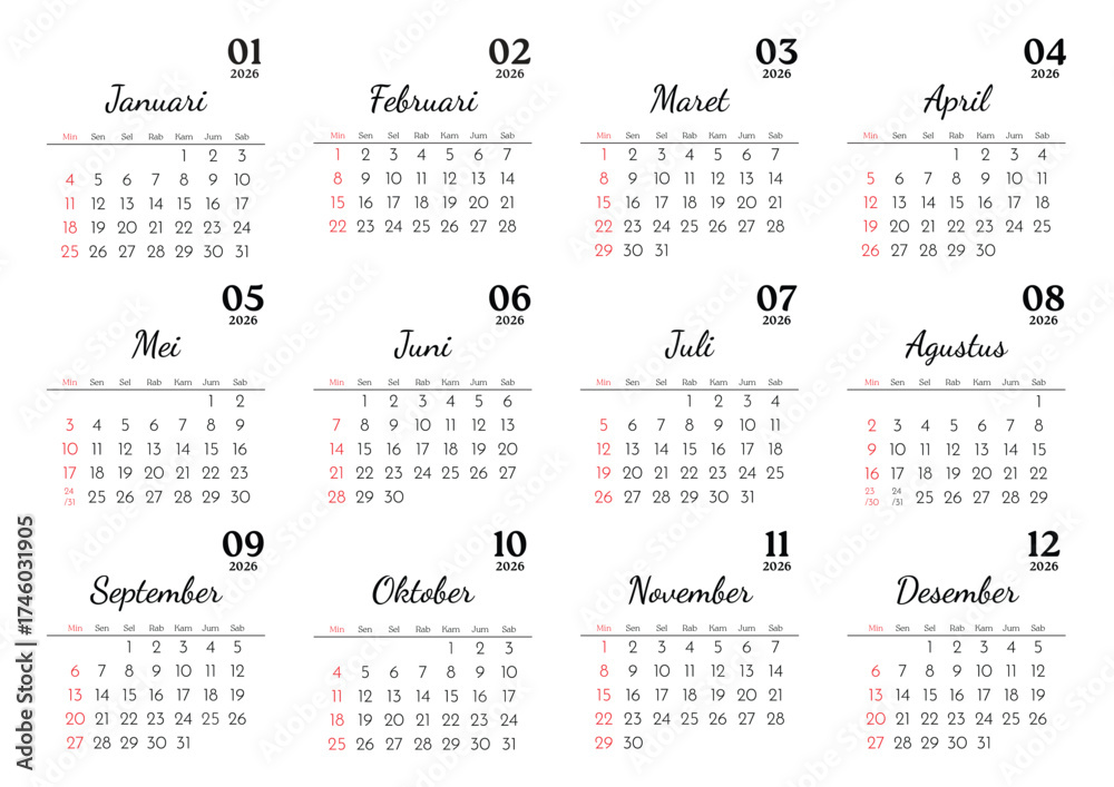 Kalender 2026 Indonesia desain minimalis dengan tipografi elegan dan ...