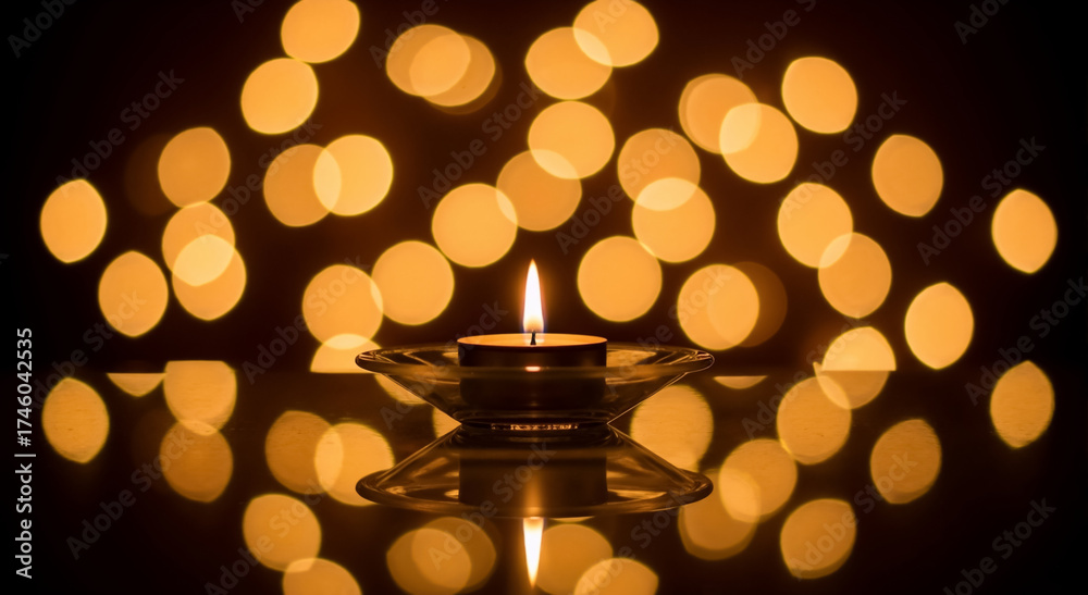A single lit candle with a reflection on a dark surface with golden ...