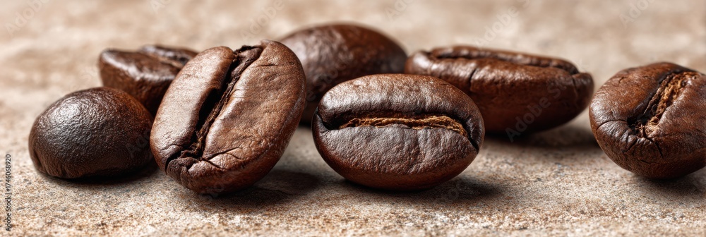 Premium high-quality roasted coffee beans close-up with rich textures ...