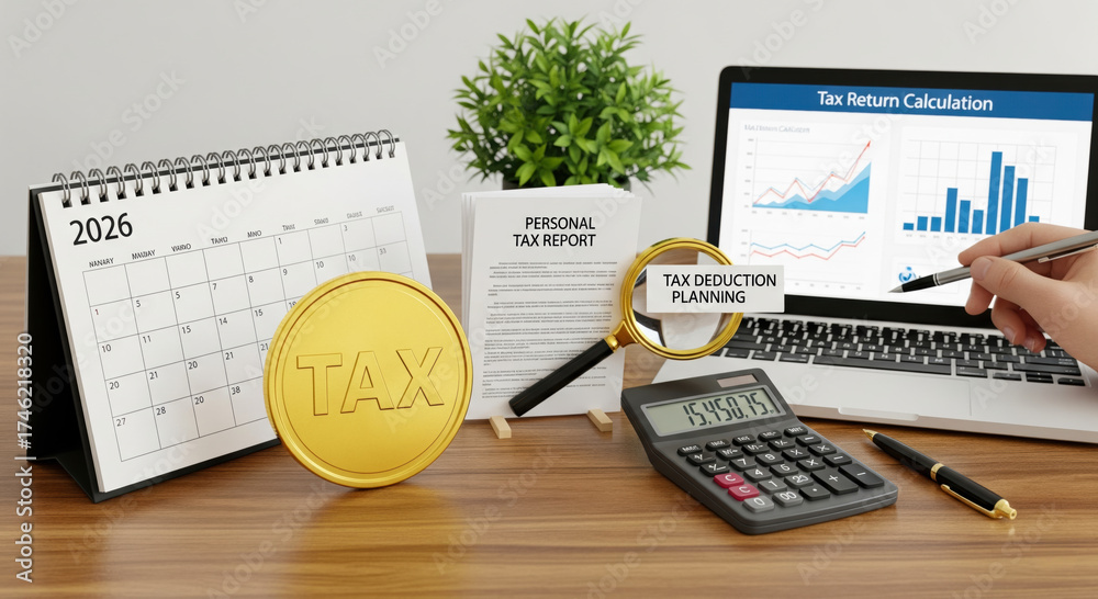 2026 Tax Planning Concept showing desk with calculator laptop and ...