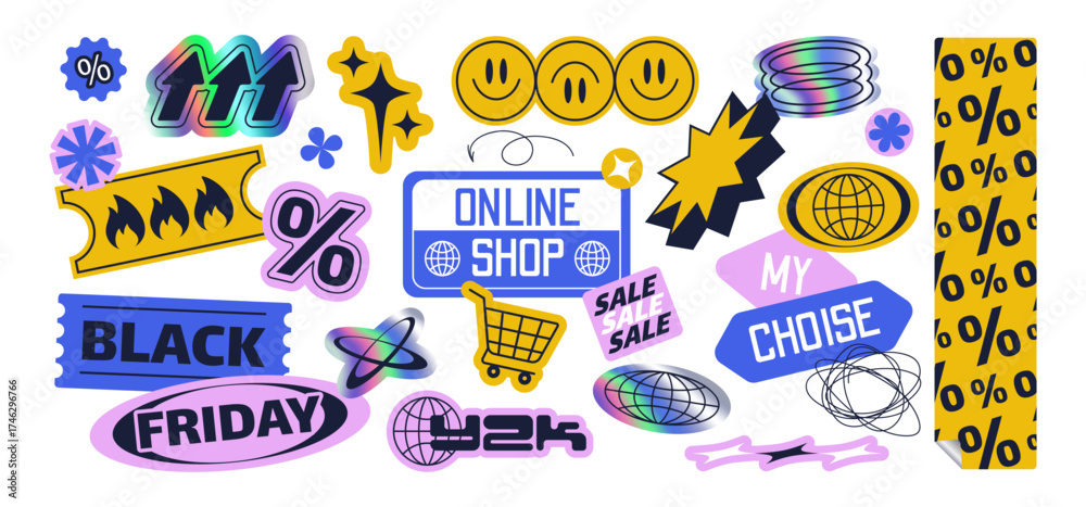 Y2k label stickers with retro digital aesthetic - percentage symbol ...