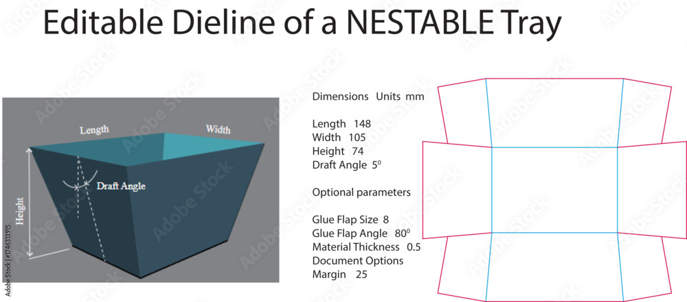 Teal nesting container diagram with dimensions and layout Stock Vector ...