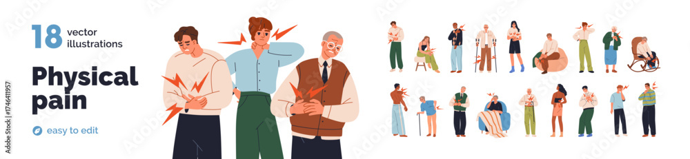 People suffering from physical pain set. Head, back, heart and chest ...