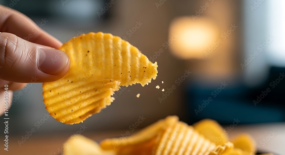 Crisp potato chip held in hand with bite mark on relaxed background ...