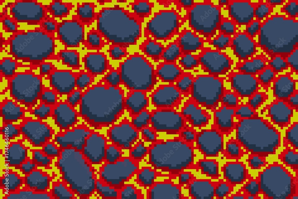 Seamless 8-bit pixel art of hot lava with dark volcanic rocks. This ...