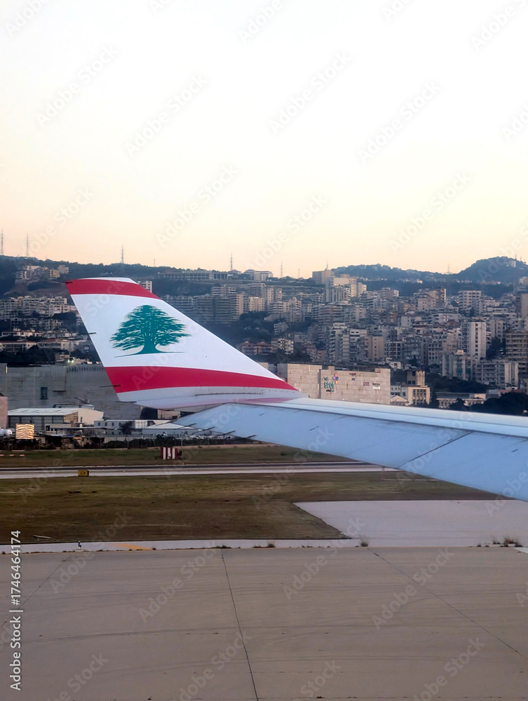 Middle East Airlines aircraft wing with Lebanese cedar emblem during ...