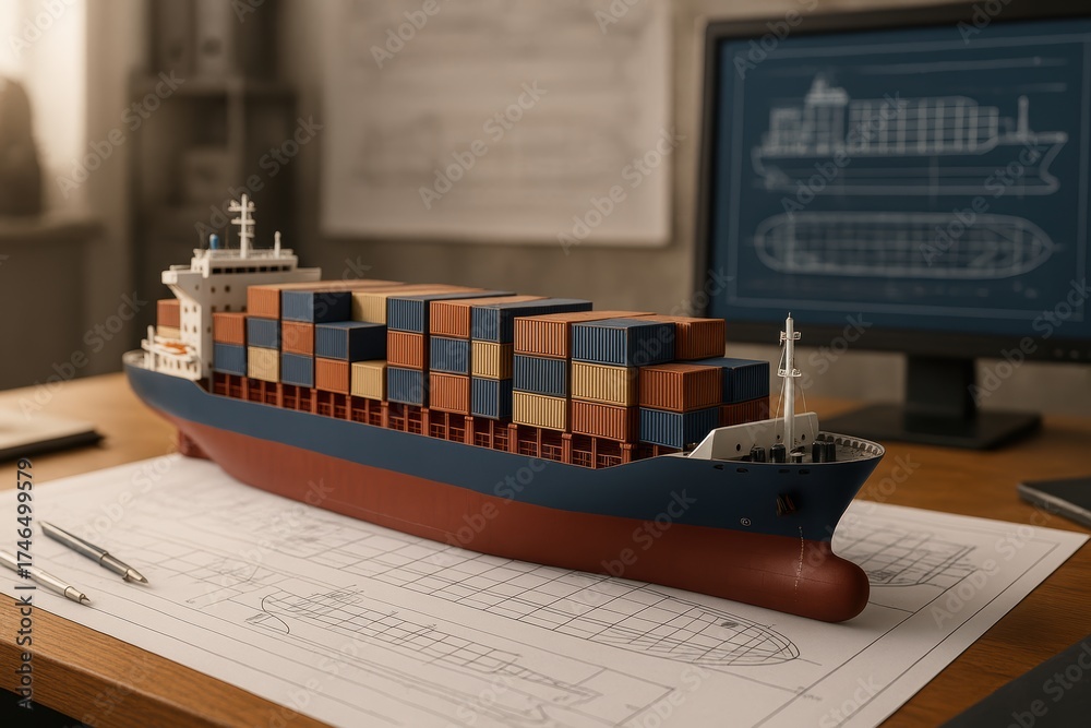 Model Ship with Blueprint and Computer: A detailed miniature ship model ...