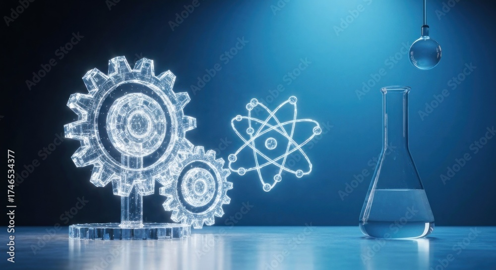 Glowing digital gears, atom model, and lab beaker illustrate scientific ...