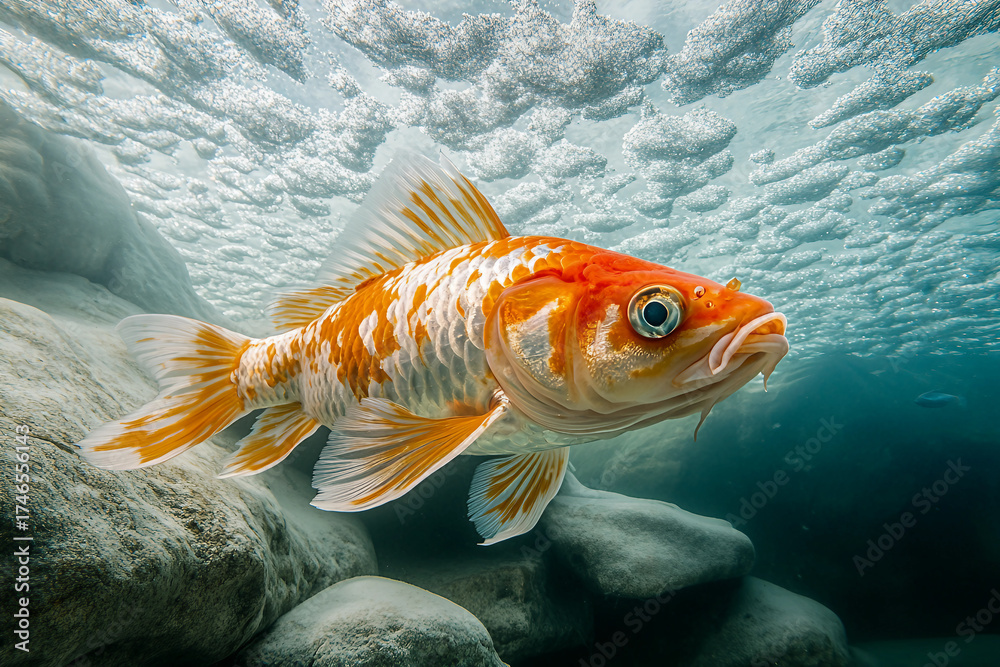 Generative AI image of a colorful trout fish swimming underwater in ...