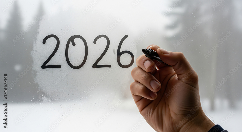 Foggy window, hand pointing at 2026 written in condensation. Sunrise ...