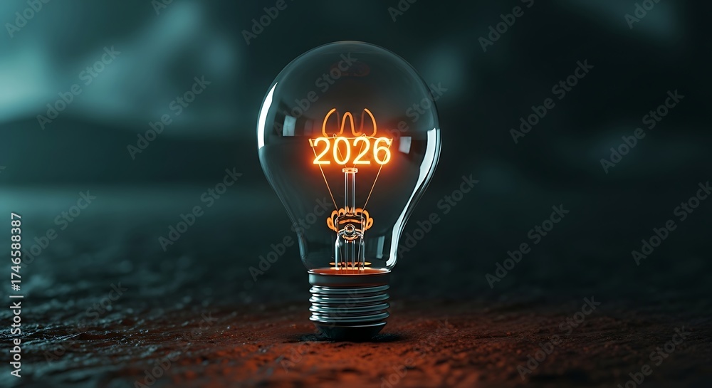 Glowing incandescent light bulb with the year 2025 illuminated inside ...