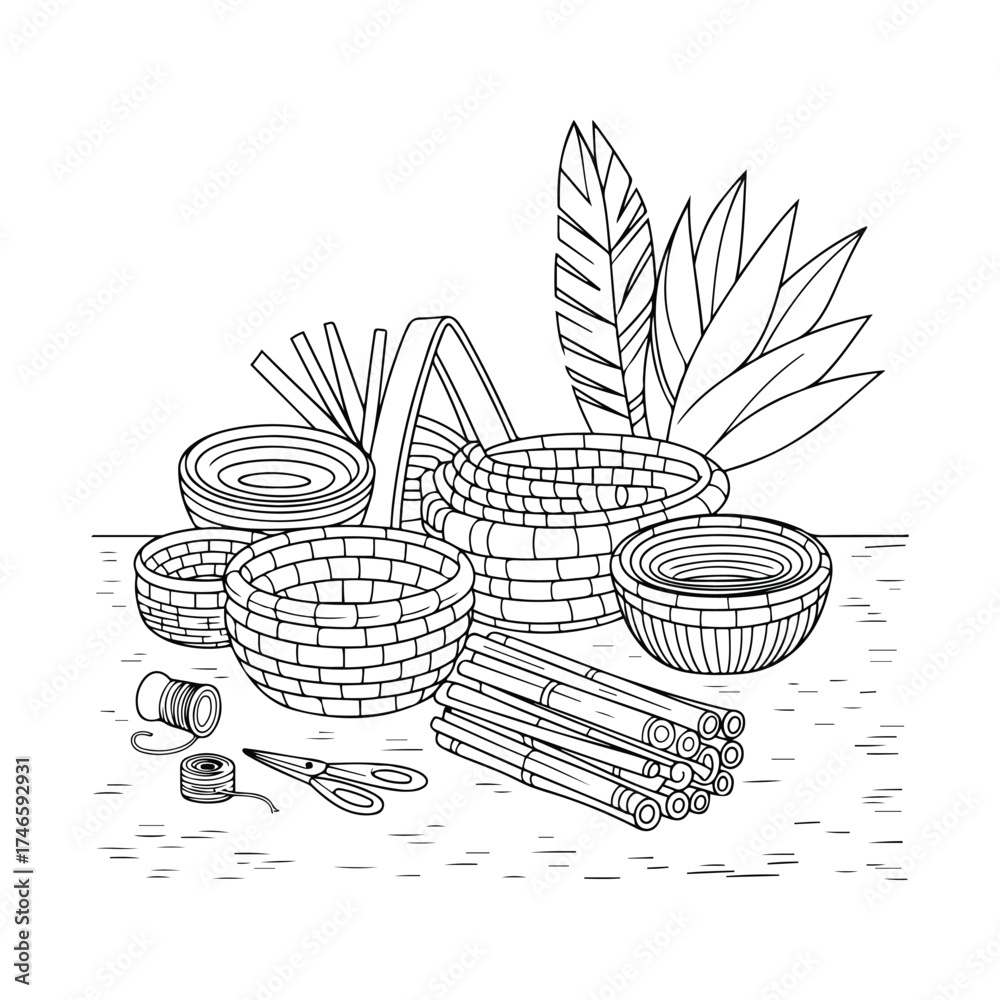 Woven basket hand drawn black and white coloring page in line art style ...